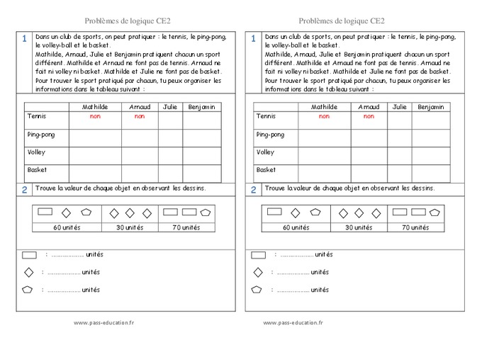 Logique - Ce2 - Problèmes à imprimer - Pass Education
