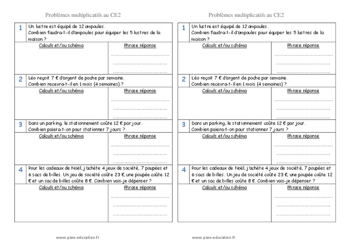 Multiplicatifs - Ce2 - Problèmes - Pass Education