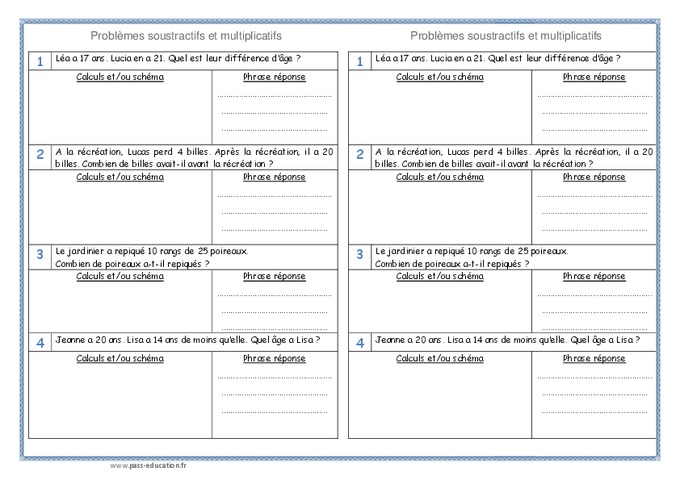 Soustractifs et multiplicatifs - Ce1 - Problèmes - Pass Education