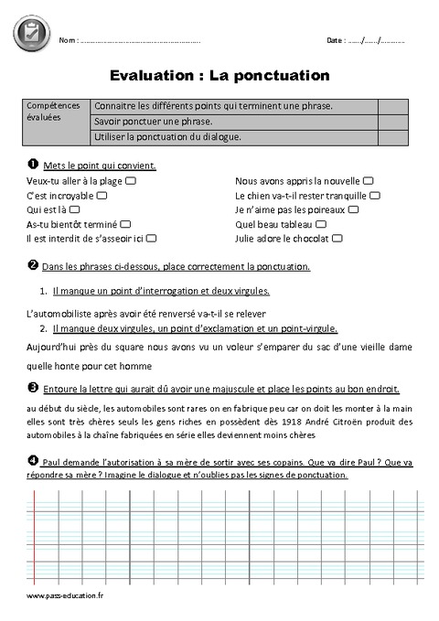 Ponctuation - Cm1 - Evaluation avec le corrigé - Pass Education