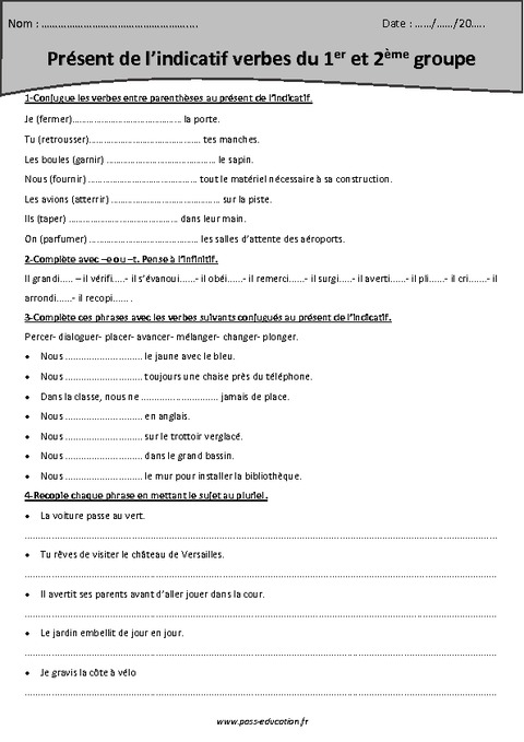 Cm2exercices Conjugaison Corriges Present Verbes Du 1er Et 2eme Groupe ...