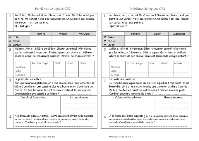 Problèmes de logique pour le Ce2 - Pass Education