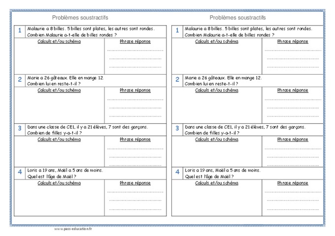 Soustractifs - Ce1 - Problèmes - Pass Education