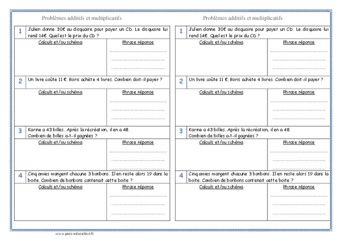 Soustractifs et multiplicatifs - Ce1 - Problèmes - Pass Education