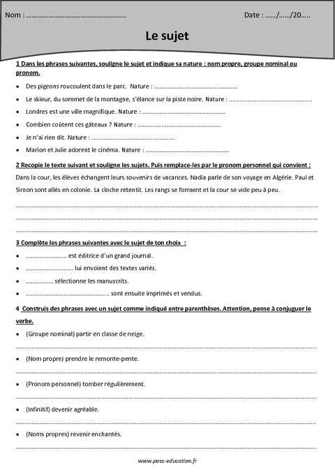 Sujet - Cm2 - Exercices avec le corrigé - Pass Education