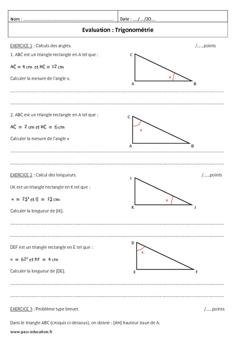 Trigonométrie - 3ème - Contrôle - Pass Education