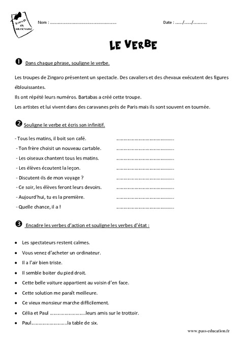 Verbe - Cm1 - Exercices à imprimer avec le corrigé - Pass Education