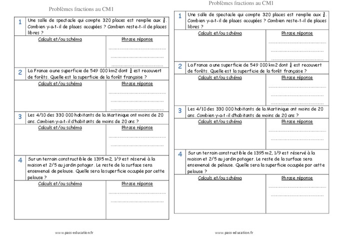 Fractions - Cm1 - Problèmes - Pass Education