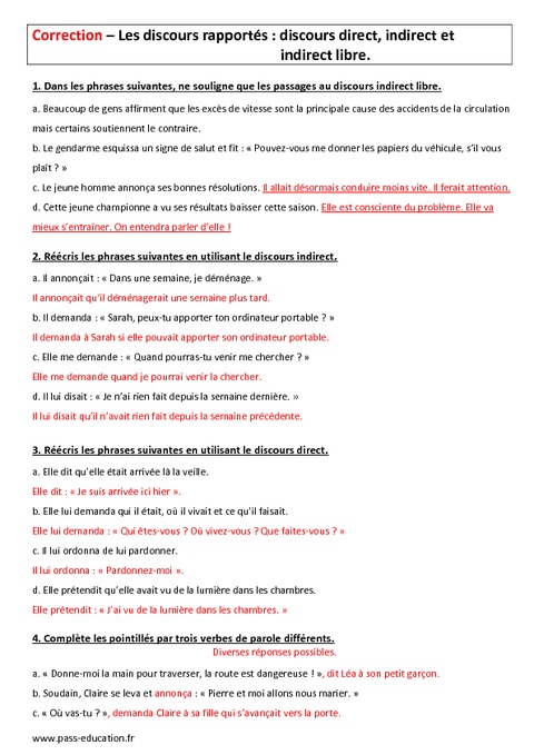 Discours direct, indirect et indirect libre - 3ème - Evaluation avec le ...