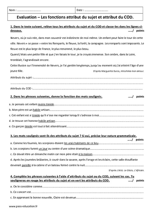 Cod Ou Attribut Du Sujet Exercices à Imprimer | Maria Schneider