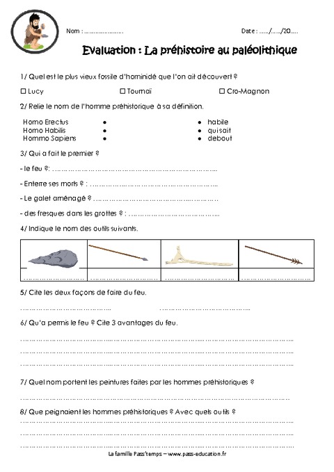 La préhistoire au paléolithique - Ce2 - Cm1 - Evaluation - Bilan - Pass ...
