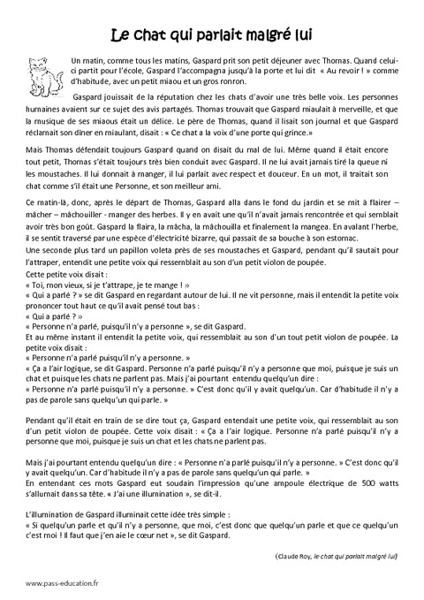 Le chat qui parlait malgré lui - Cm2 - Récit - Lecture - Pass Education