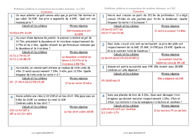 Addition et soustraction - Nombres décimaux - Cm2 - Problèmes - Pass ...