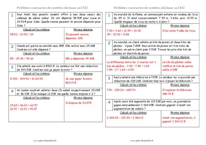 Soustraction - Nombres décimaux - Cm2 - Problèmes - Pass Education