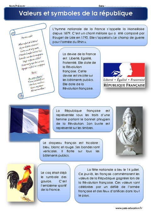 Valeurs et symboles de la république - Cm1 - Cm2 - Exercices - Pass ...