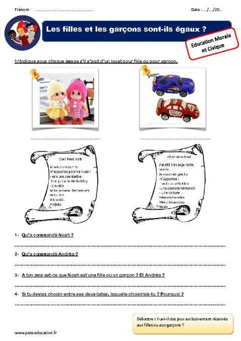 Filles et garçons - Ce1 - Ce2 - EMC - Séquence - Pass Education