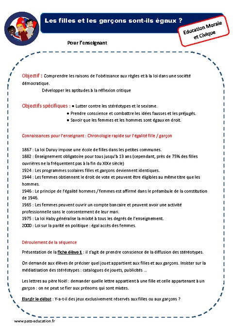 Filles et garçons - Ce1 - Ce2 - EMC - Séquence - Pass Education