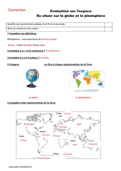 Globe - Planisphère - Ce1 - Evaluation - Pass Education