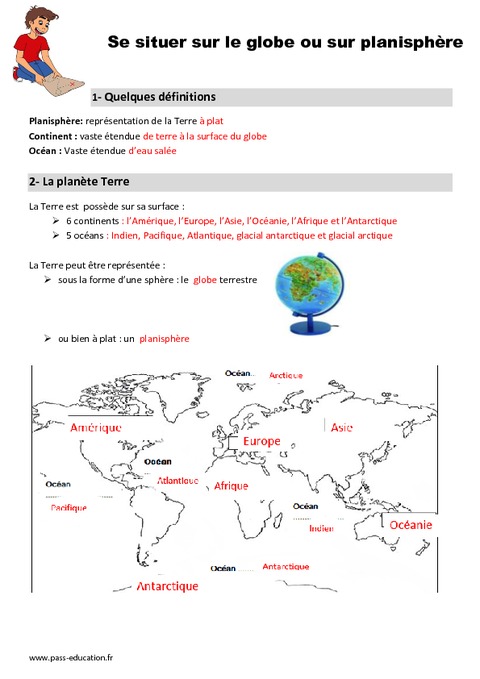 Globe - Planisphère - Ce1 - Leçon - Pass Education