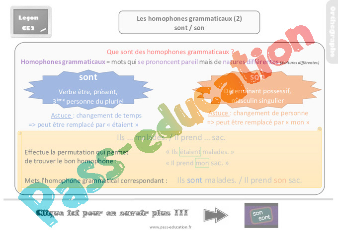 Leçon, trace écrite sur les homophones grammaticaux sont / son - Ce2 ...