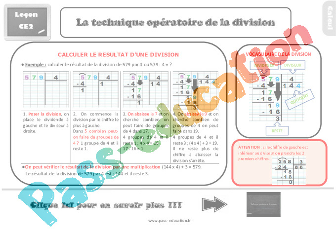 Leçon, trace écrite sur la technique opératoire de la division au Ce2 ...