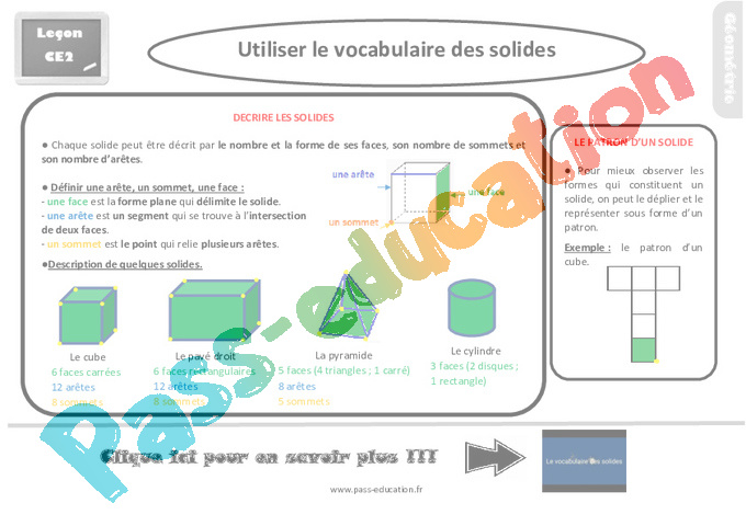 Leçon, trace écrite sur utiliser le vocabulaire des solides au Ce2 ...