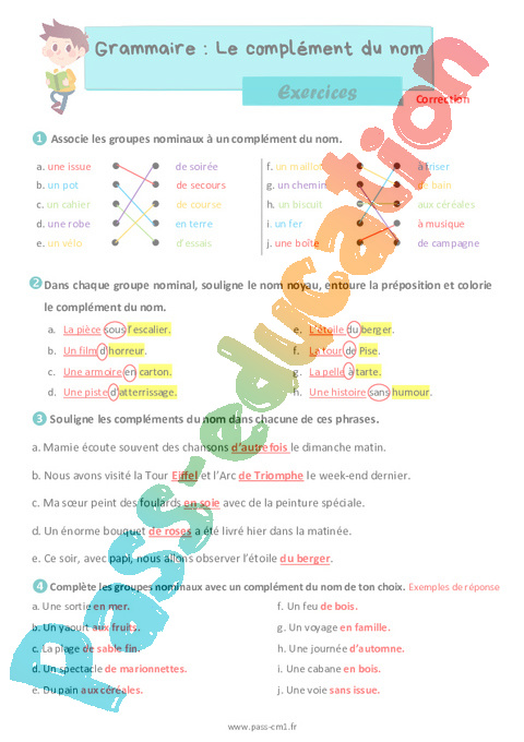 Le complément du nom – Exercices de grammaire pour le cm1 - PDF à imprimer