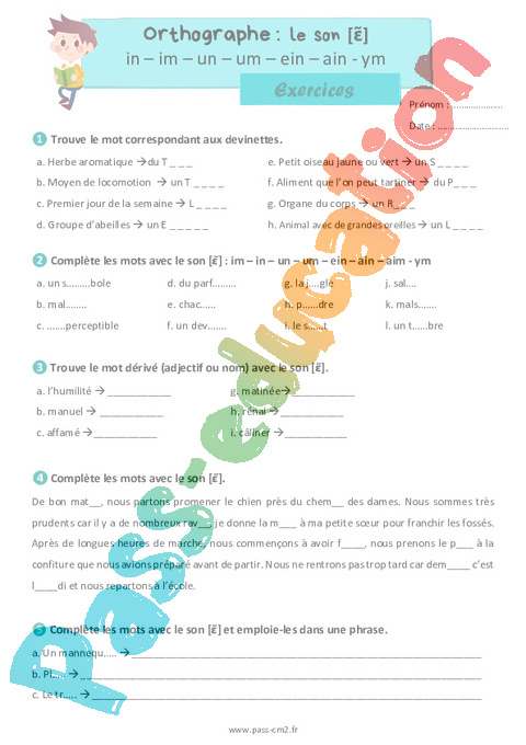 Le son [ɛ̃] : In – im – un – um – ein – ain - ym - Exercices d ...