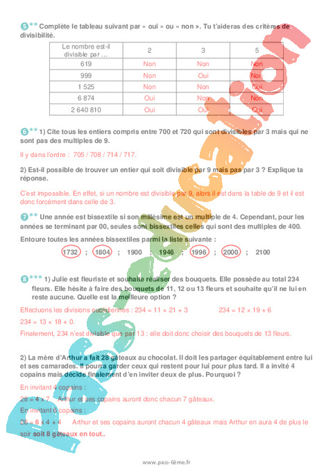 Multiples, diviseurs et critères de divisibilité - Exercices de 6ème