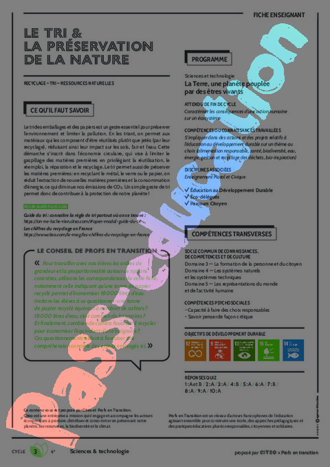 Le tri, la préservation de la nature 6ème - Citéo - Cycle 3 - PDF ...