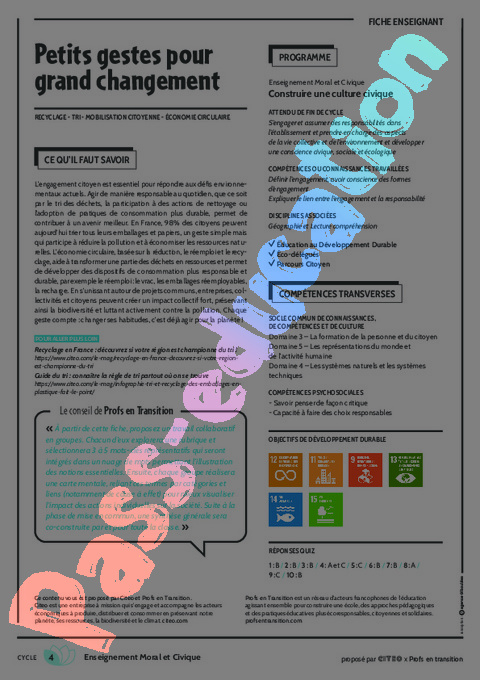 Petits gestes pour grand changement - 5ème - 4ème - 3ème - Citéo ...