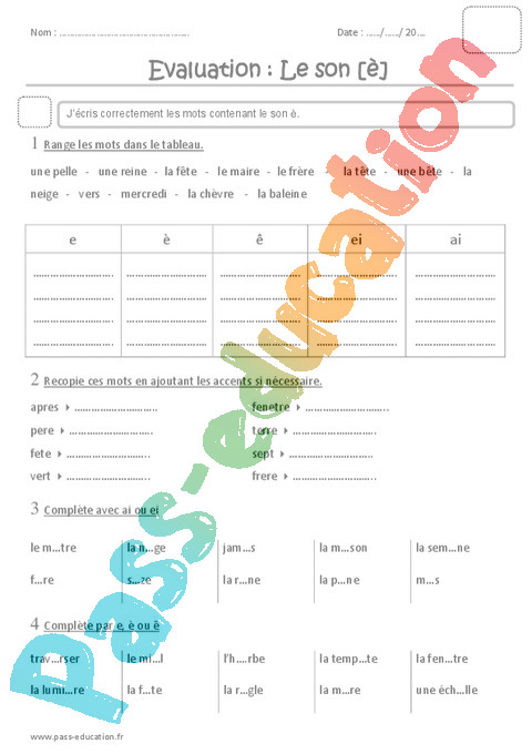 Evaluation [è] è, ai , ei, ê, e +cons – Son simple : CE1 - Cycle 2 ...