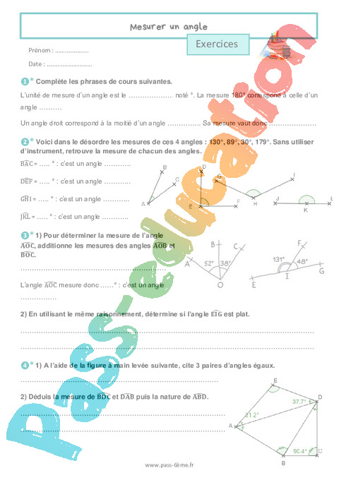 Notions d'angles : 6ème - Exercices cours évaluation révision, pdf à ...